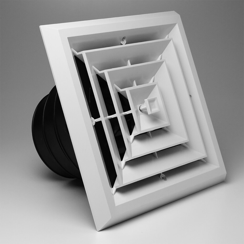 4-Way Ceiling Diffuser/Damper, Square Grille w/6,7,8" throat
